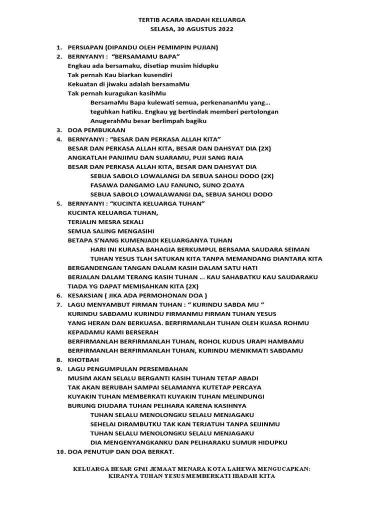 Tertib Acara Ibadah Keluarga Gpdi Lahewa | PDF