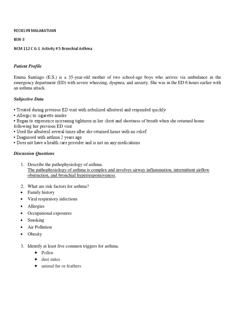 MALABATUAN NCM 112 Activity 5 Bronchial Asthma DUE 26 2 | PDF | Self ...