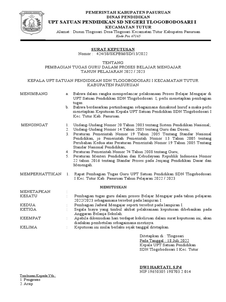 SK Pembagian Tugas Guru 2022 | PDF