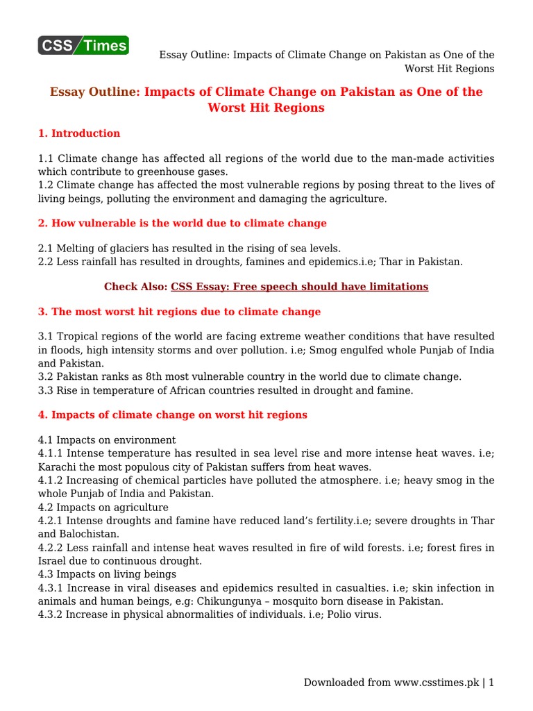Essay Outline - Impacts of Climate Change On Pakistan As One of The ...
