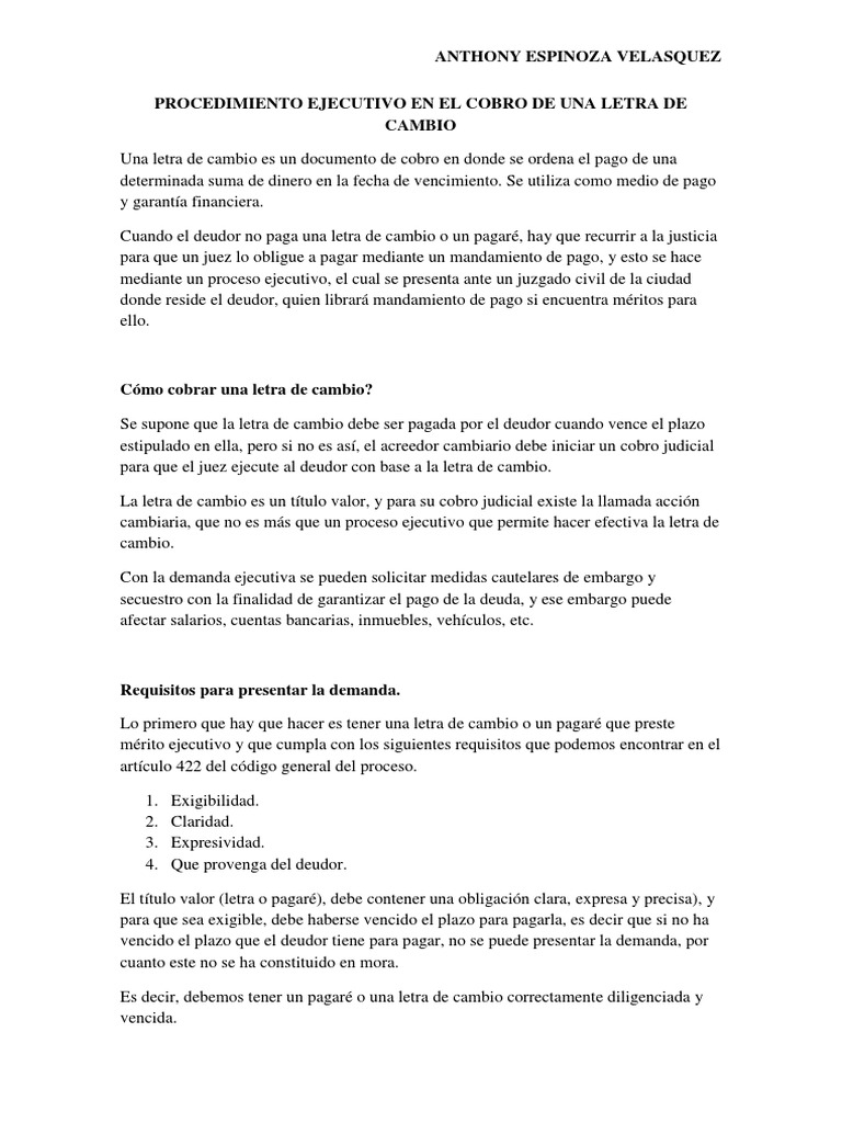 Procedimiento para Cobrar Letra de Cambio | PDF | Pagaré | Pagos