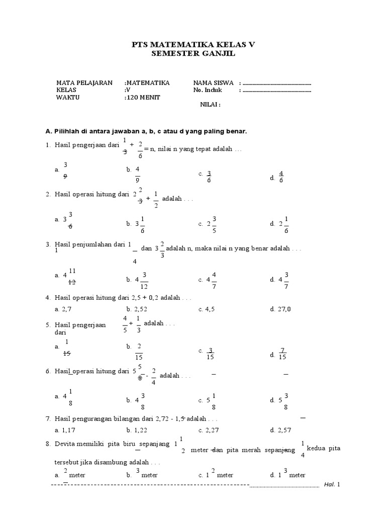 Soal PTS Matematika Kelas 5 Semester 1 | PDF