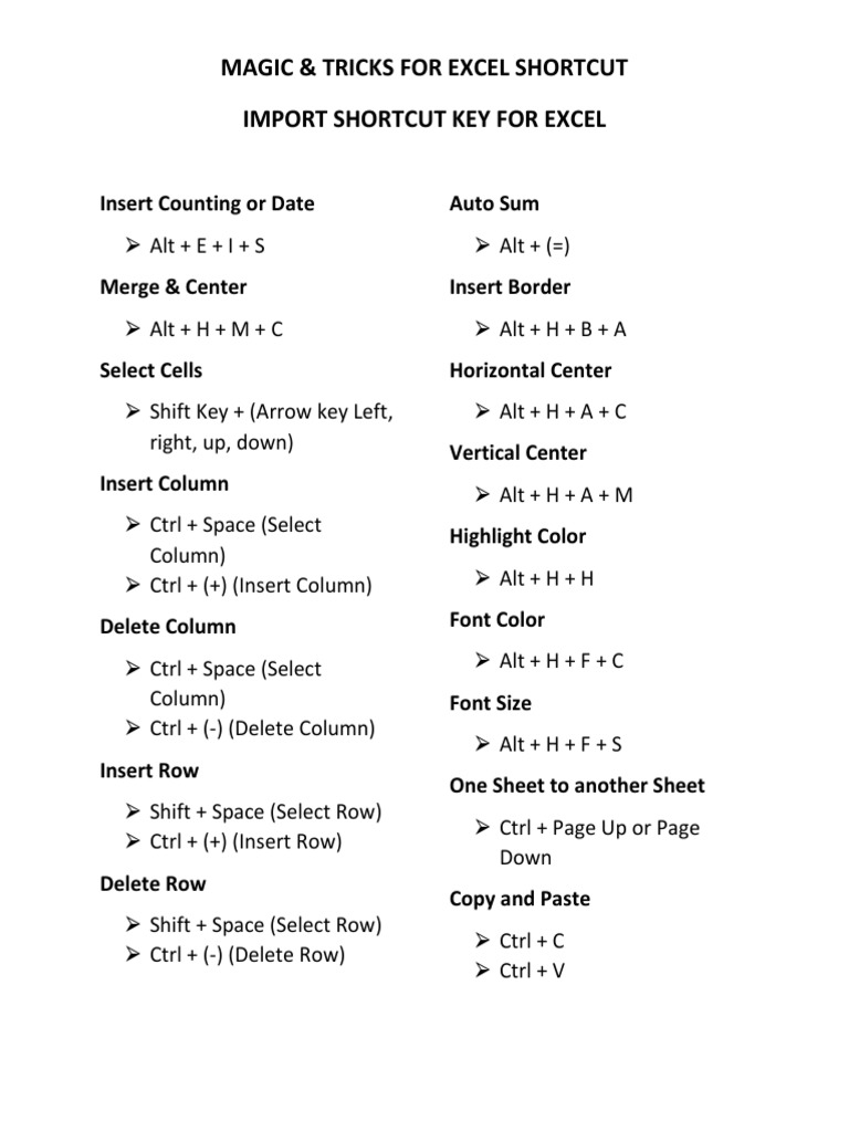 Alt Shortcut Key For Excel | PDF
