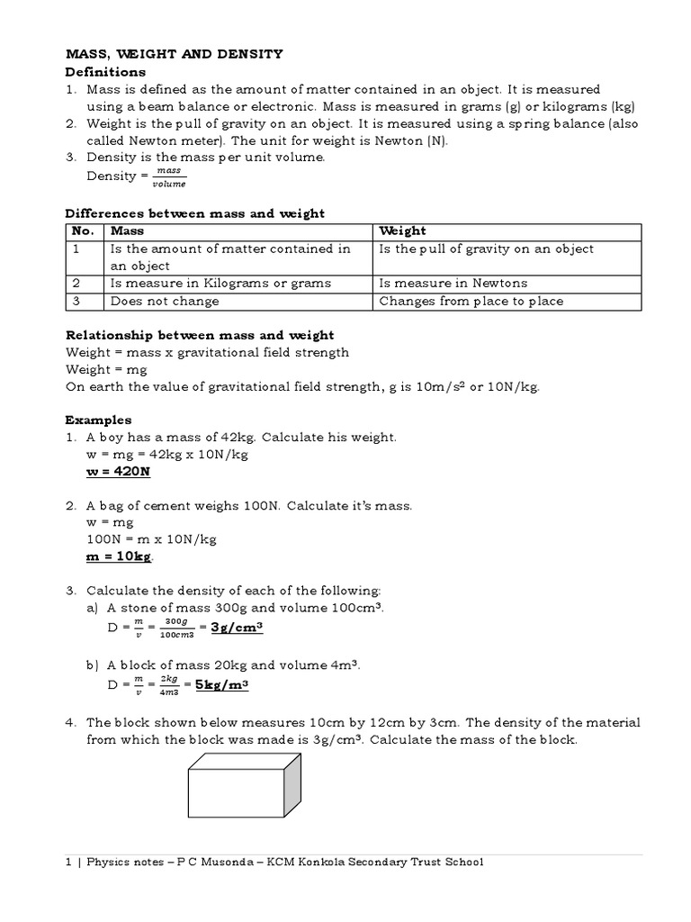 Mass Weight and Density | PDF | Weight | Density