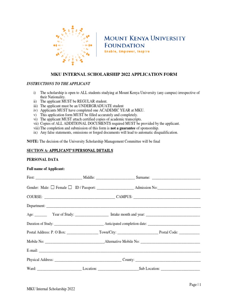 MKU Internal Scholarship Application Form 2022 | PDF | Career & Growth | Finance & Money Management