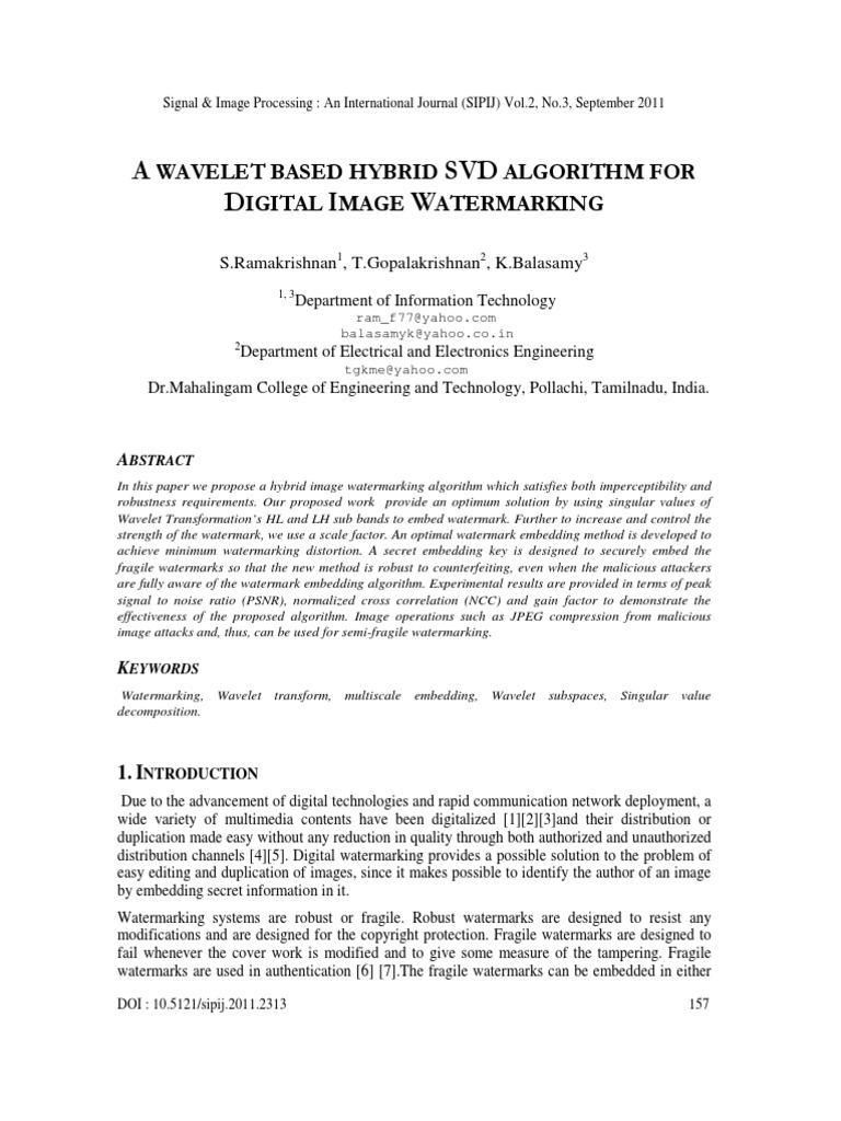 A Wavelet Based Hybrid SVD Algorithm For Digital Image Watermarking | PDF | Science & Mathematics