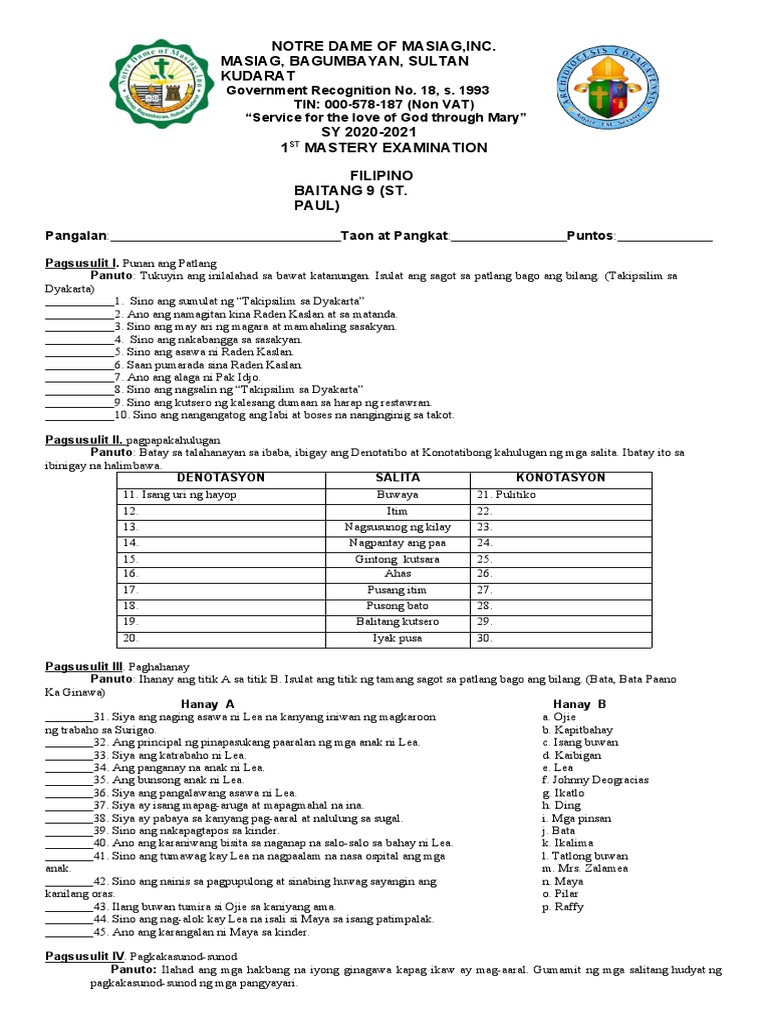 Filipino 9 - Exam 1ST-4TH Quarter | PDF