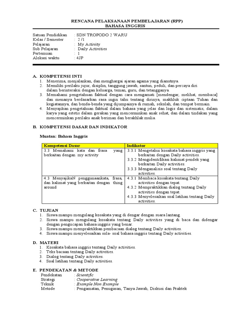 RPP Kelas 2 Daily Activity | PDF