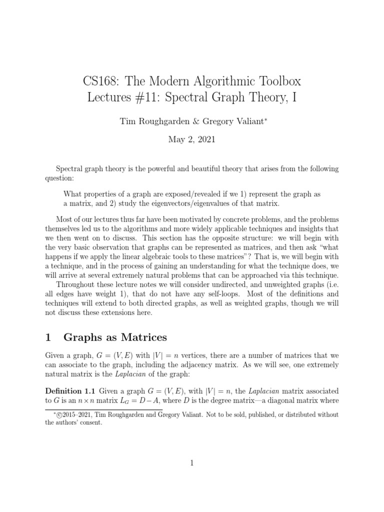 CS168 Spectral Graph Theory (Roughgarden & Valiant) | PDF | Eigenvalues ...