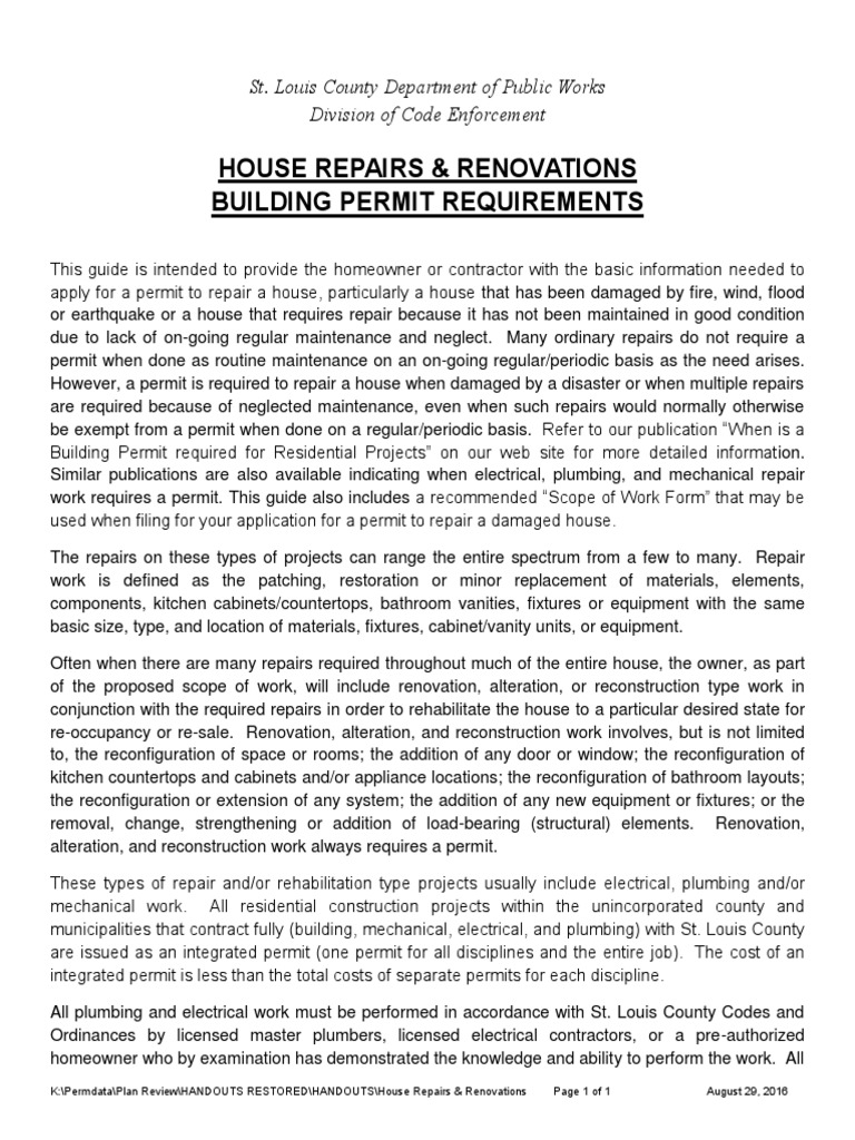 House Repairs and Renovations Scope of Work Form | PDF | Bathroom ...