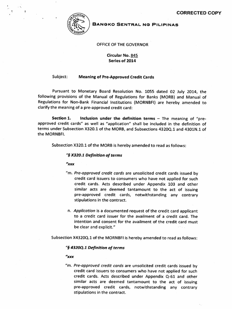 BSP Circular No 845, Series of 2014, Meaning of Pre-Approved Credit ...