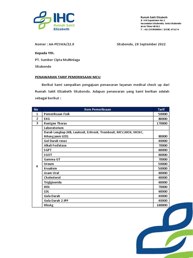 Penawaran Tarif MCU RS Elizabeth | PDF