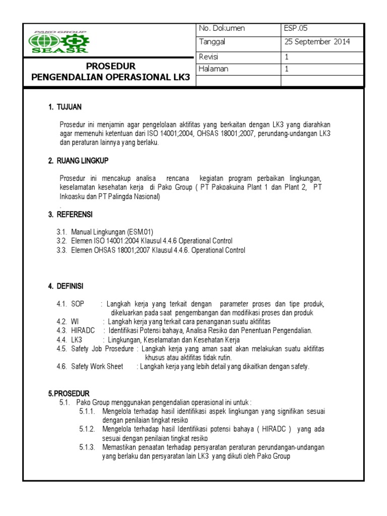 Prosedur Esp 05 Pengendalian Operasional Ok | PDF