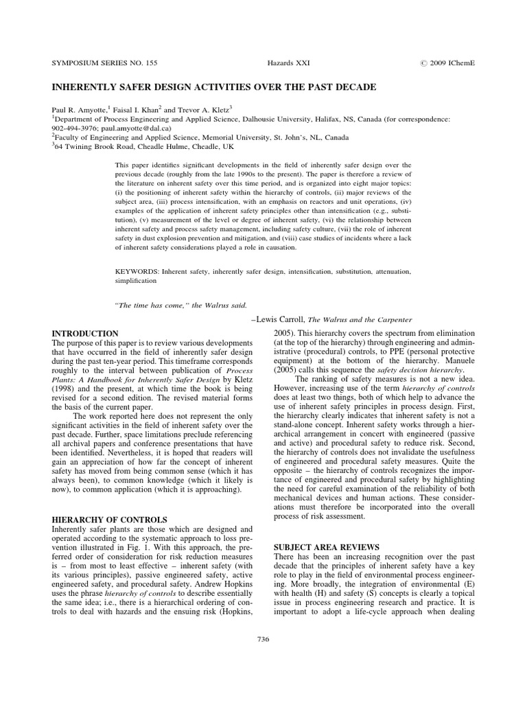 XXI-Paper-106 INHERENTLY SAFER DESIGN ACTIVITIES OVER THE PAST DECADE ...