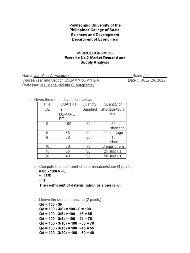 Microeconomics Exercise No. 3 Market Demand and Supply Analysis | PDF