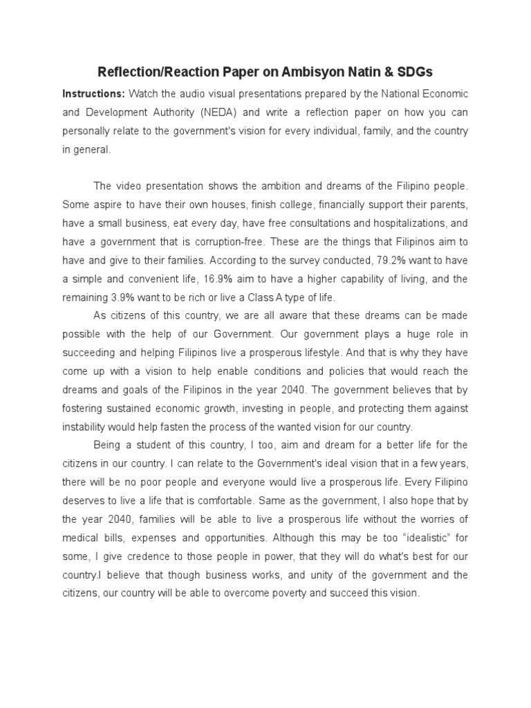 Reflection Reaction Paper On Ambisyon Natin SDGs | PDF | Business ...