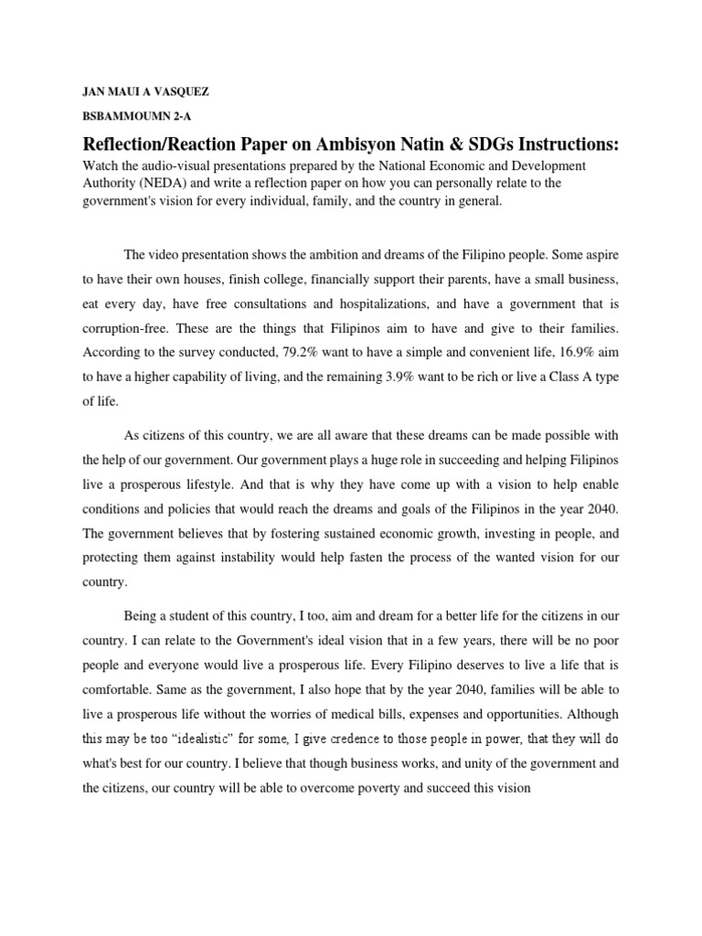 Reflection Reaction Paper On Ambisyon Natin & SDGs | PDF