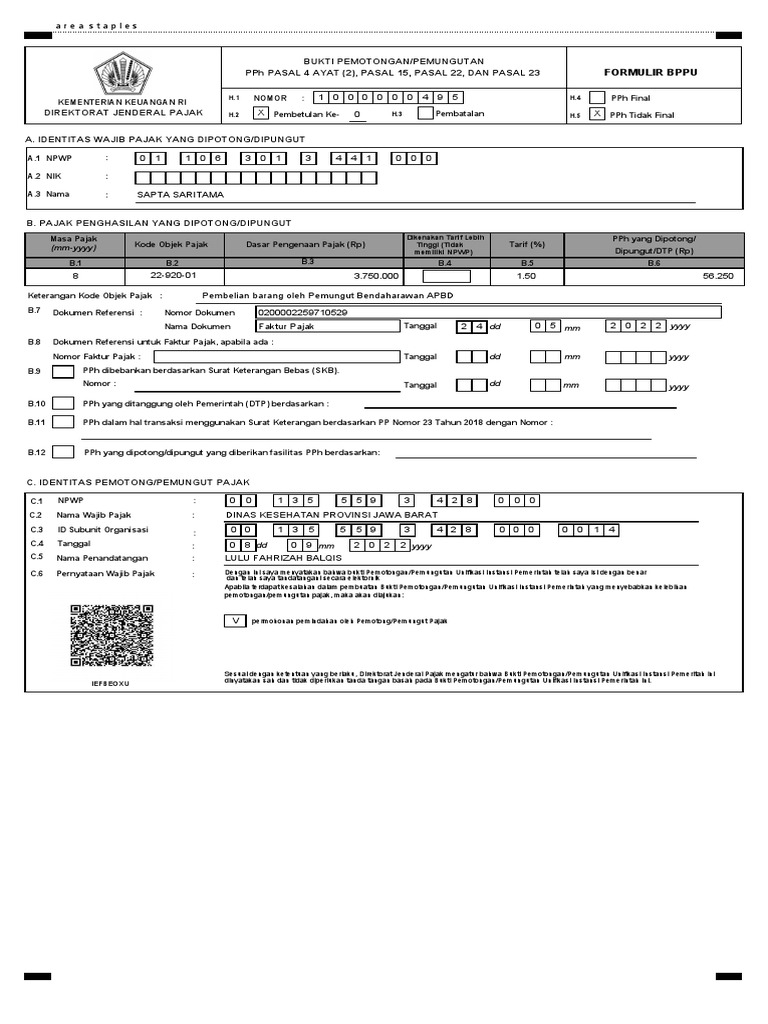 Contoh Bupot PPH 22 | PDF