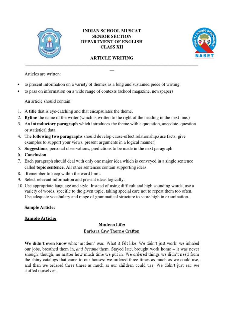 Classxii - English - Article Writing - Worksheet31 - 20201 | PDF ...