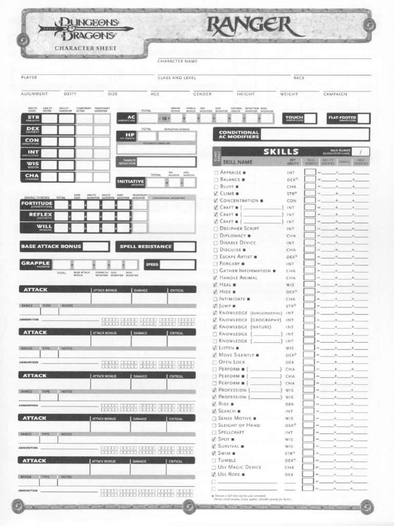 D&D 3.5 Ranger Deluxe Character Sheet | PDF