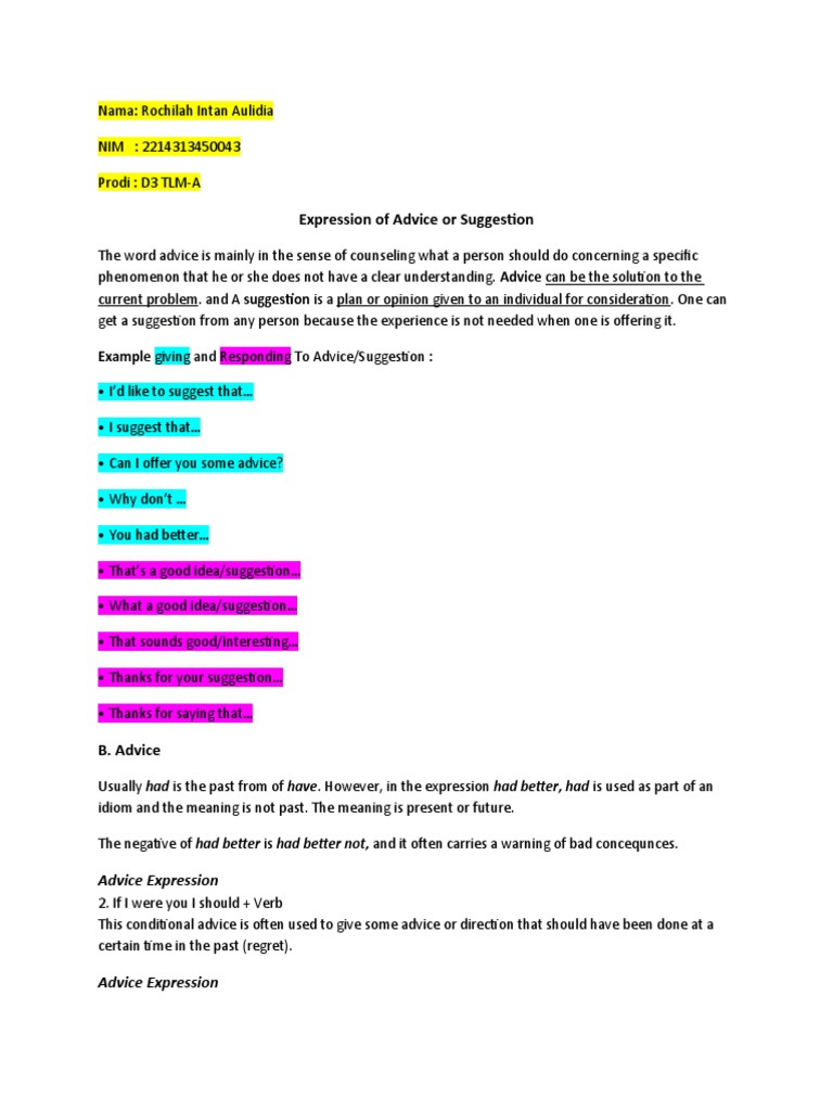 Advice and Suggestion Expressions | PDF