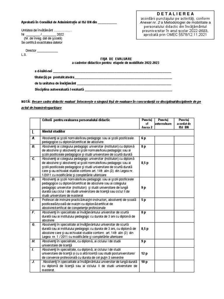 Fisa_evaluare_cadre_didactice_mobilitate_CF_ANEXA_2_2022-2023 | PDF