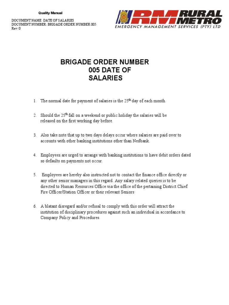 Brigade Order Date of Salaries | PDF