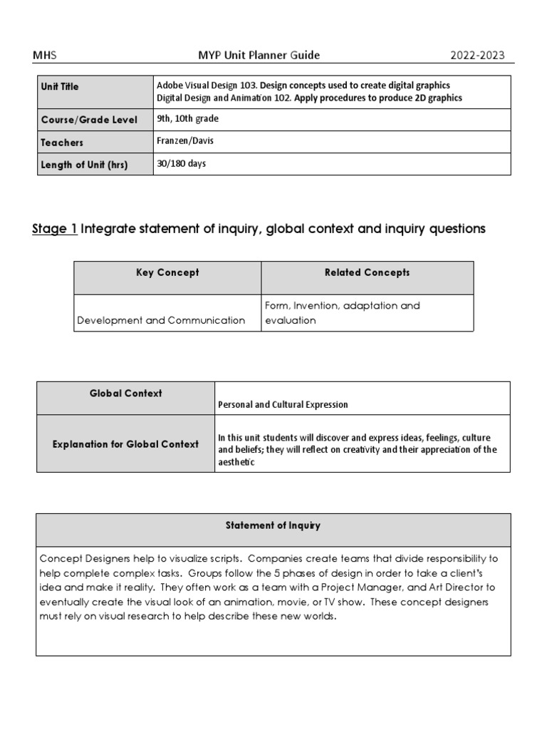 MYP Unit Planner 103.01 and 102.01 | PDF