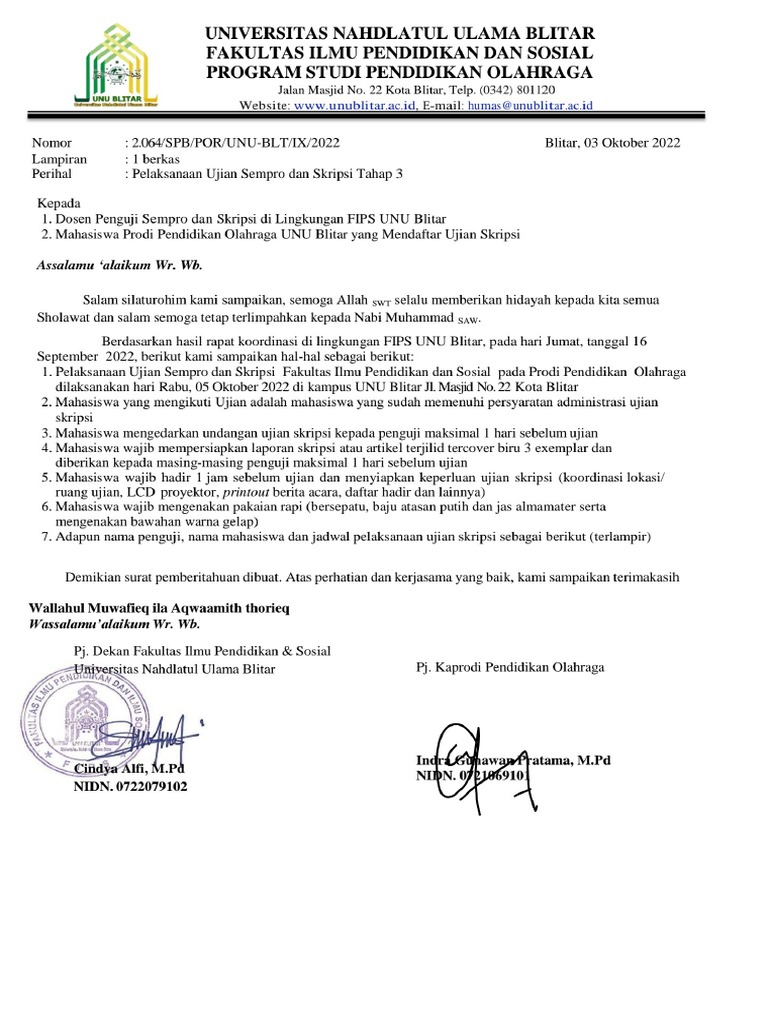 Pengumuman Pelaksanaan Ujian Sempro Dan Skripsi Por | PDF