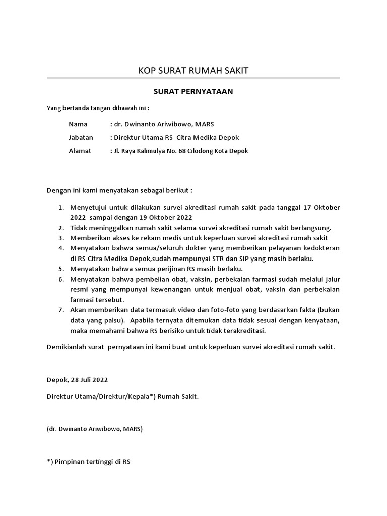 Form Surat Pernyataan Direktur Kegiatan Survei Akreditasi KARS | PDF Form Surat Pernyataan Direktur Kegiatan Survei Akreditasi KARS | PDF