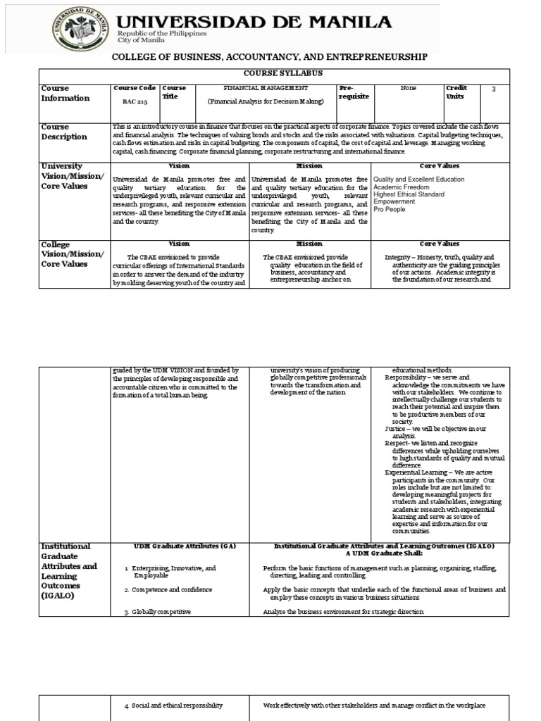 FINANCIAL MANAGEMENT (Financial Analysis For Decision Making) SYLLABUS ...