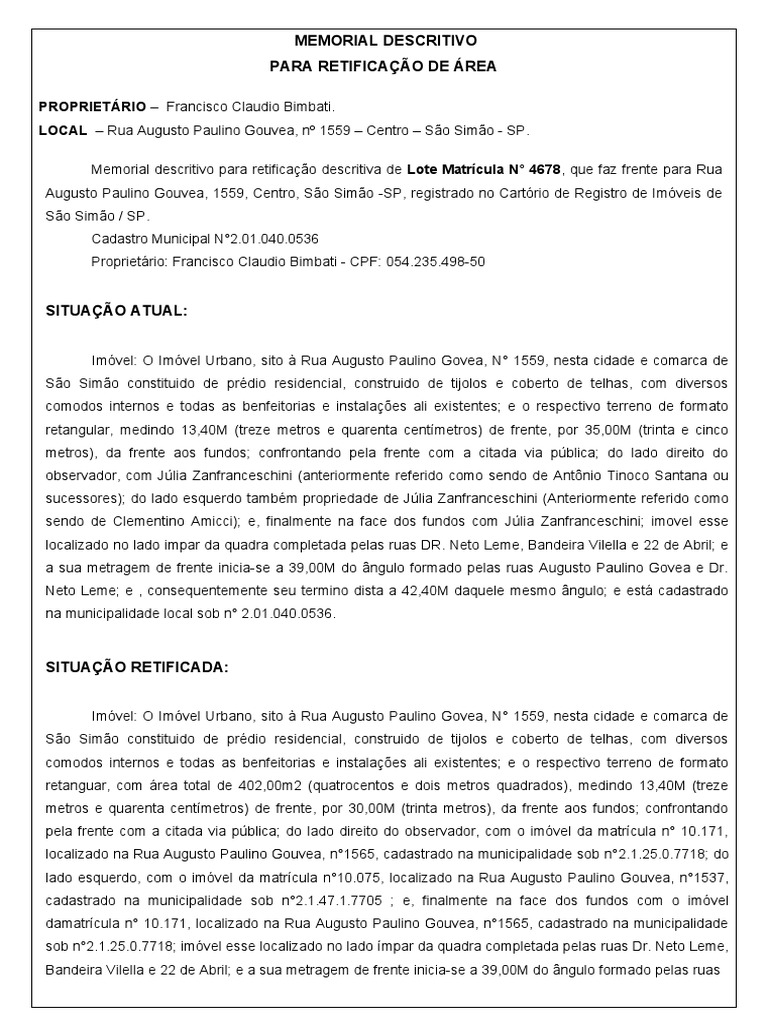Modelo de Memorial Descritivo Anuencia Retificacao Descritiva | PDF Modelo de Memorial Descritivo Anuencia Retificacao Descritiva | PDF