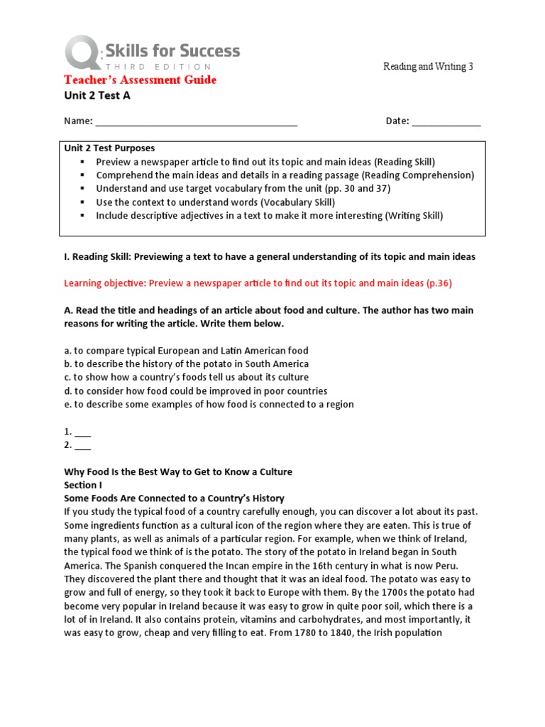 Q3e RW3 U02A Teacher | PDF | Foods | Reading Comprehension