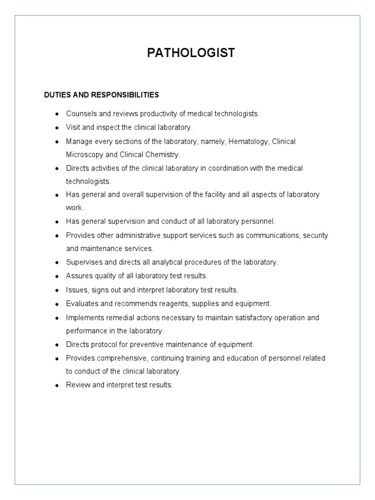 PATHOLOGIST DUTIES AND RESPONSIBILITIES | PDF PATHOLOGIST DUTIES AND RESPONSIBILITIES | PDF