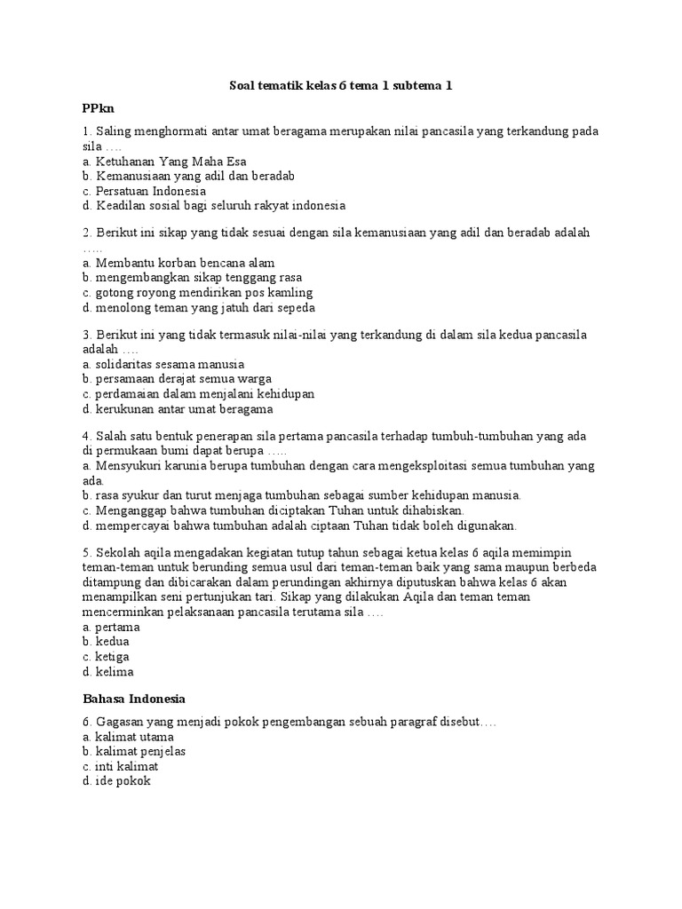 Soal Tematik Kelas 6 Tema 1 Subtema 1 | PDF | Sains & Matematika