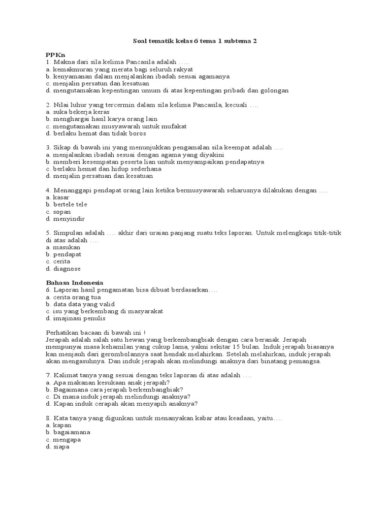 Soal Tematik Kelas 6 Tema 1 Subtema 2 | PDF