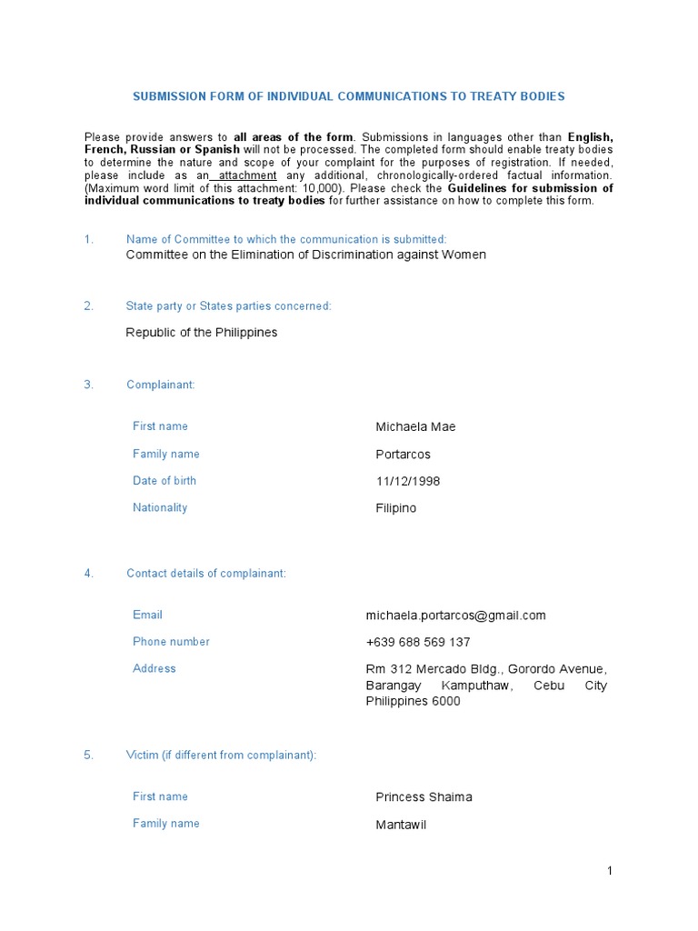 Treaty Body Complaint Form Submission | PDF | Marriage | Family
