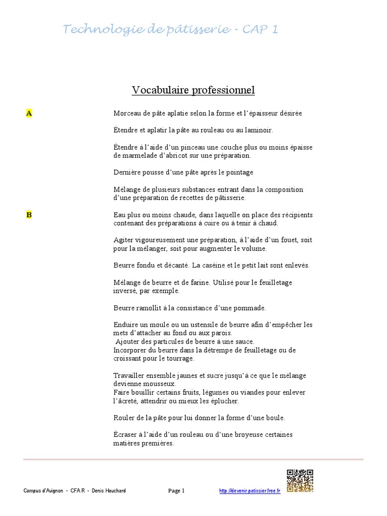 Cours CAP1 Vocabulaire Professionnel Eleve | PDF | Chocolat | Meringue