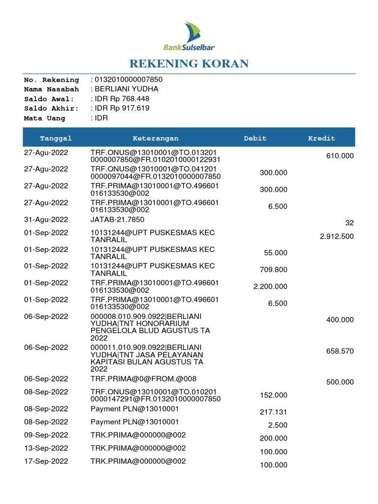 Rekening Koran Nasabah Berliani Yudha | PDF | Payments | Financial ...