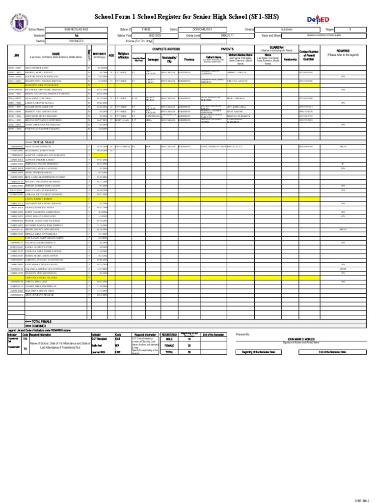 SHS Form 1: Student Register 2022-2023 | PDF | Human Development | Family