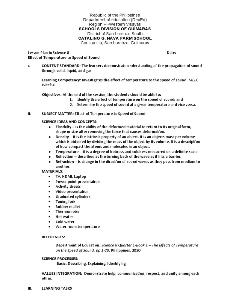 LP - Science 8 - EFFECTS OF TEMPERATURE ON THE SPEED OF SOUND | PDF