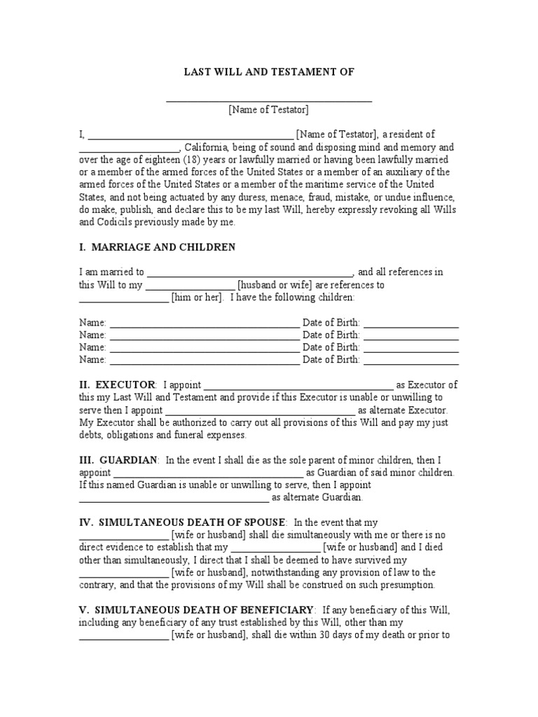 California Last Will and Testament Template | PDF | Will And Testament ...