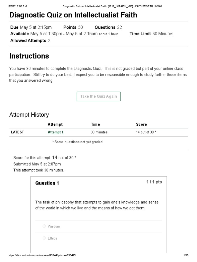 Diagnostic Quiz On Intellectualist Faith - (1212 - LCFAITH - Y08 ...
