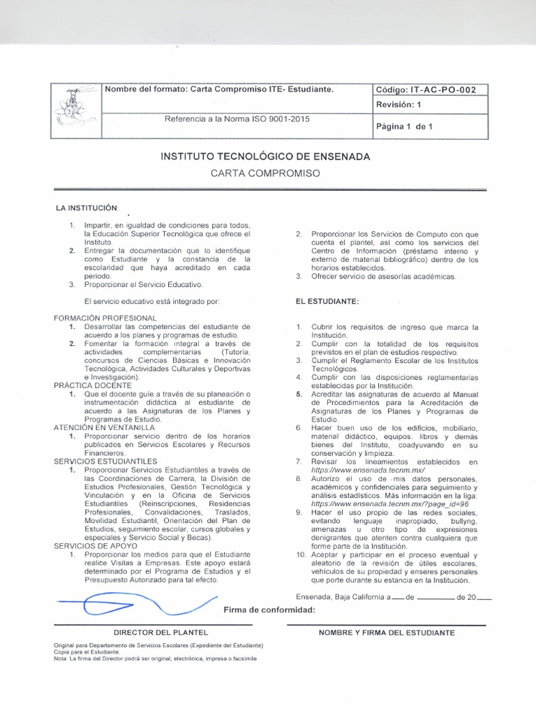 ITE AC PO 002 Carta Compromiso ITE Estudiante | PDF