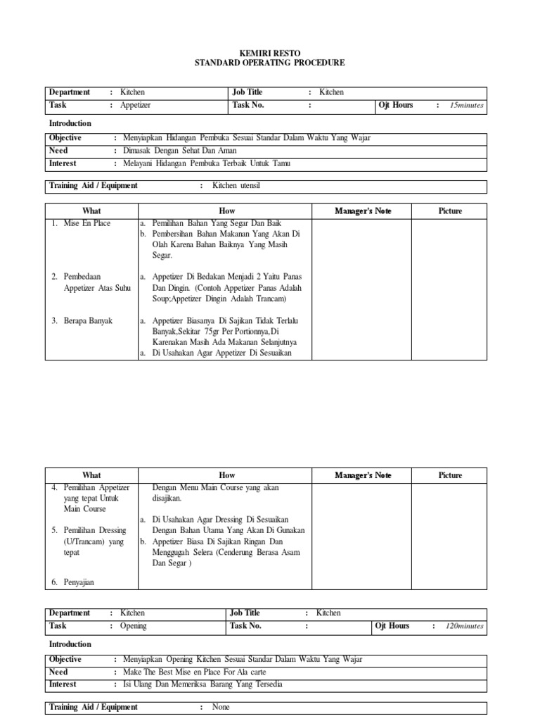 SOP Dapur Restoran Kemiri Resto | PDF