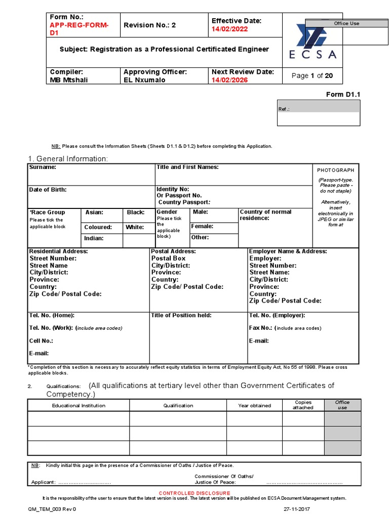 APP-REG-FORM-D1 Registration As A Professional Certificated Engineer ...