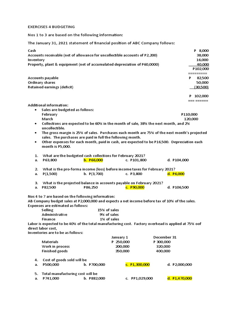 Budgeting Exercises and Solutions | PDF | Inventory | Cost Of Goods Sold