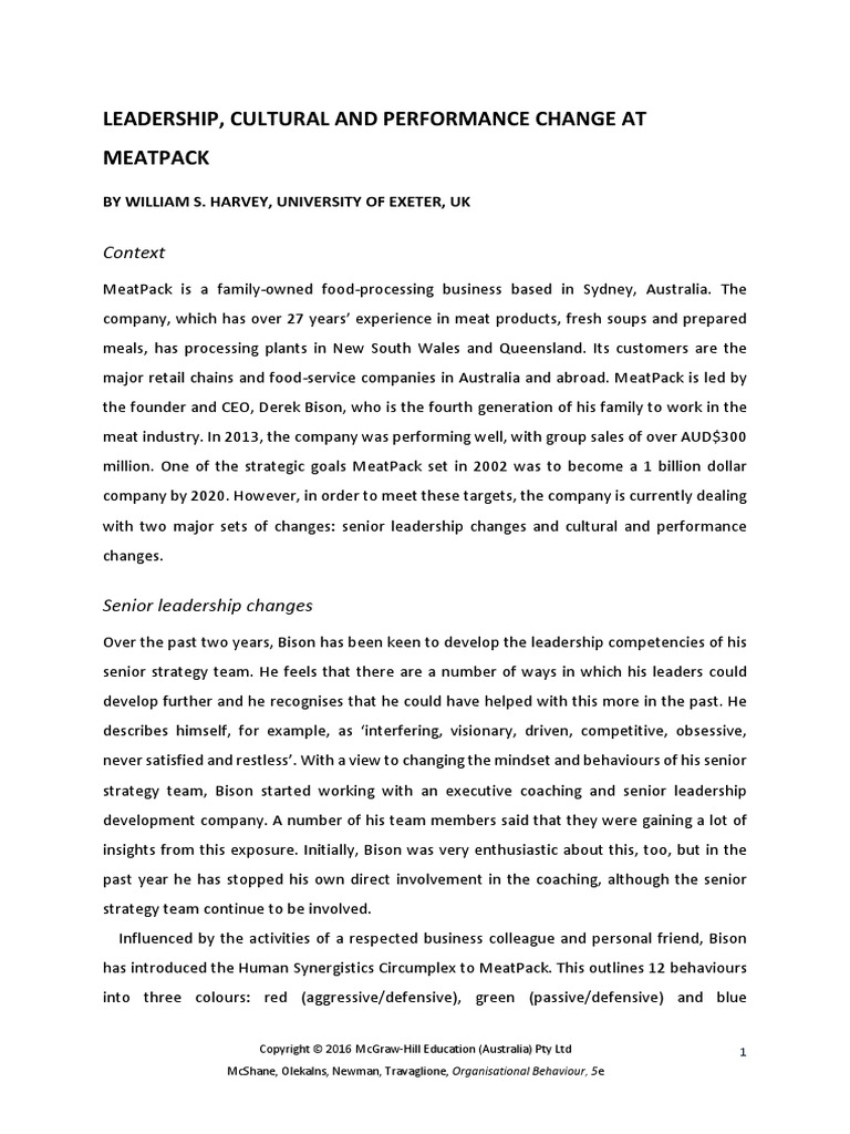 6514 Case 1 - Leadership, Cultural and Performance Change at MeatPack | Download Free PDF ...