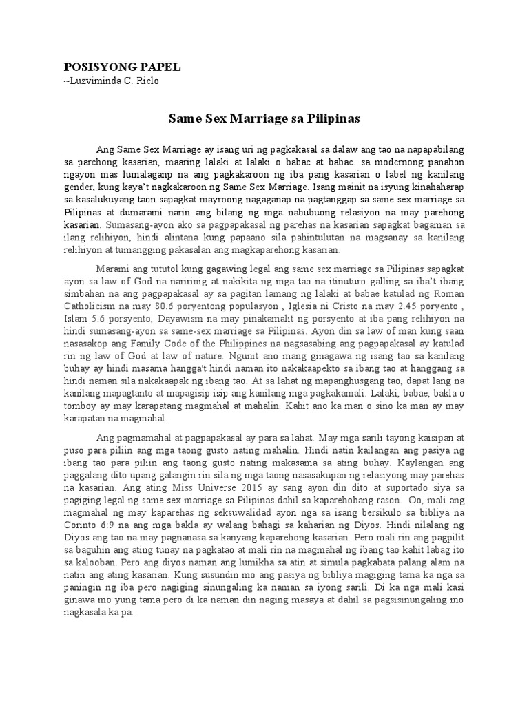 Same Sex Marriage Posisyong Papel 035442 Pdf