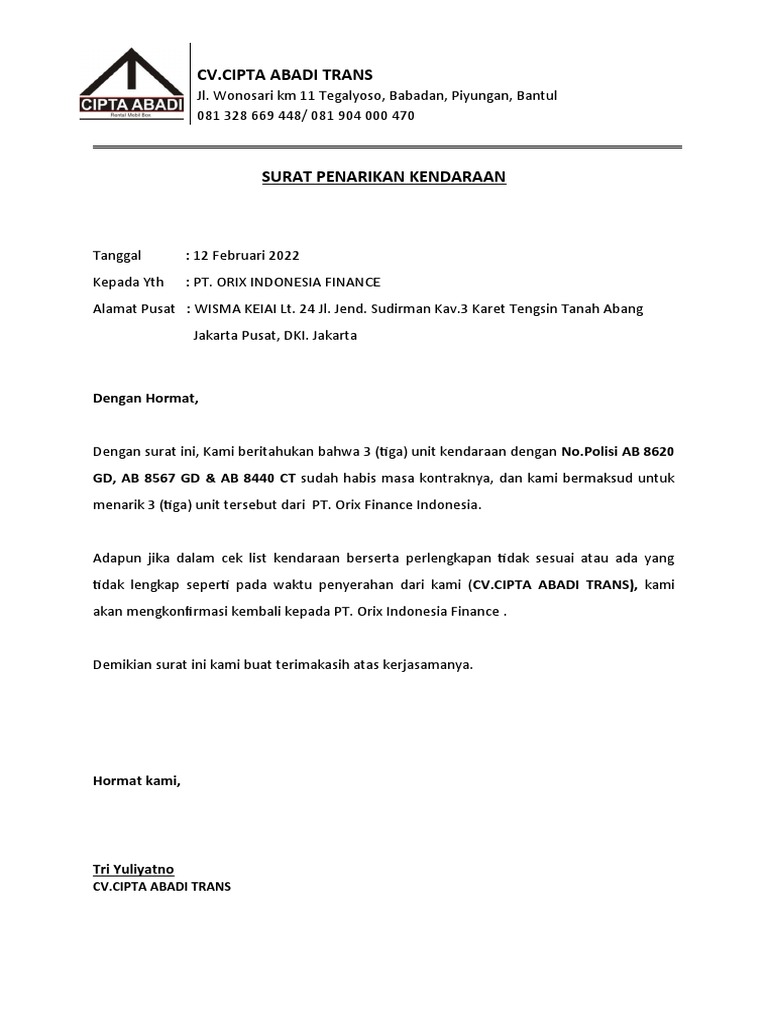 Surat Penarikan Kendaraan ORIX (Endcontract) | PDF